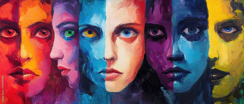 Colorful faces, of young woman, concept of profound psychological ...