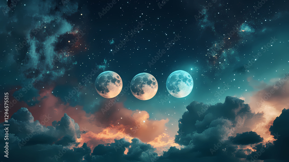 Surreal night sky with triple moons in various phases. Ethereal Star ...