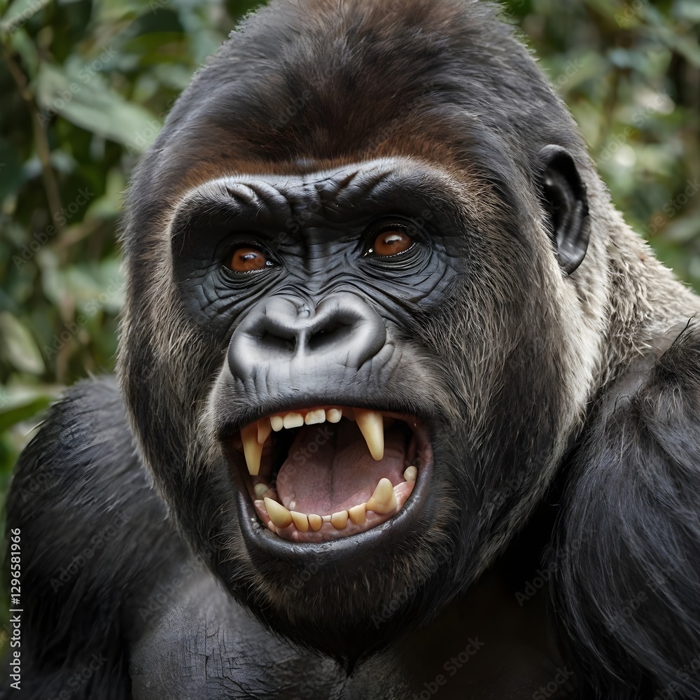 fierce silverback gorilla roaring with open mouth showing sharp teeth in dense jungle Stock ...