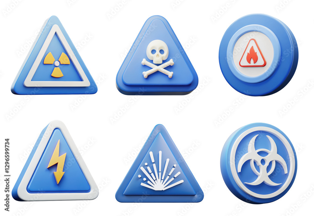 Set of six warning symbols in triangular and circular shapes ...
