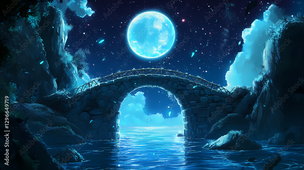 Celestial bridge shimmering over dark ocean, guiding to hidden island ...