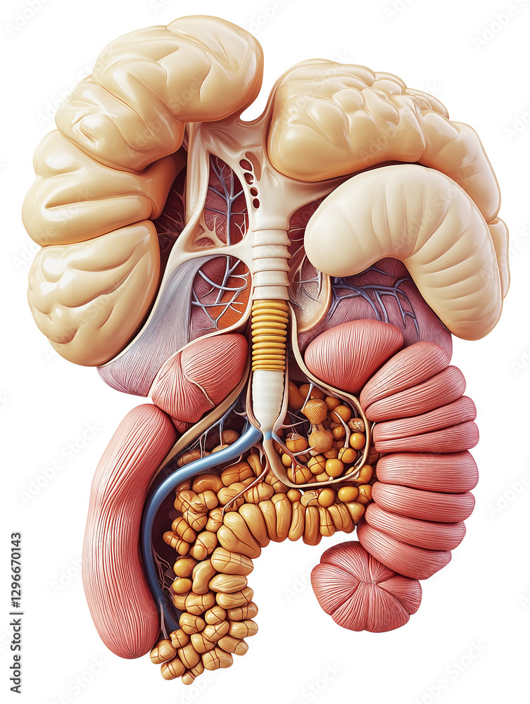 Anatomical illustration of human digestive system showing organs and ...