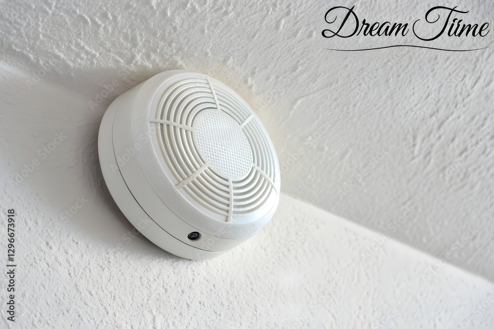 A photorealistic image of a smoke detector attached to a white ceiling ...