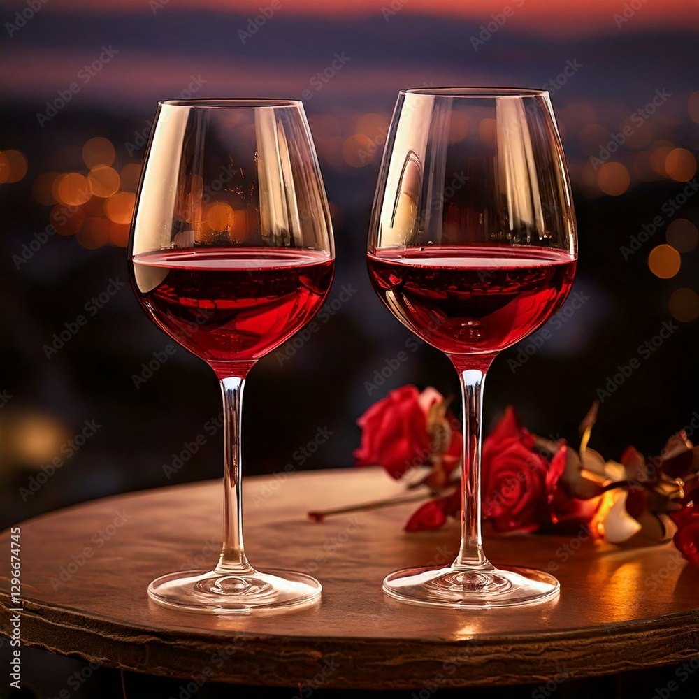 Zwei Gläser Rotwein auf einem mit Rosenblättern gesäumten Tisch als ...