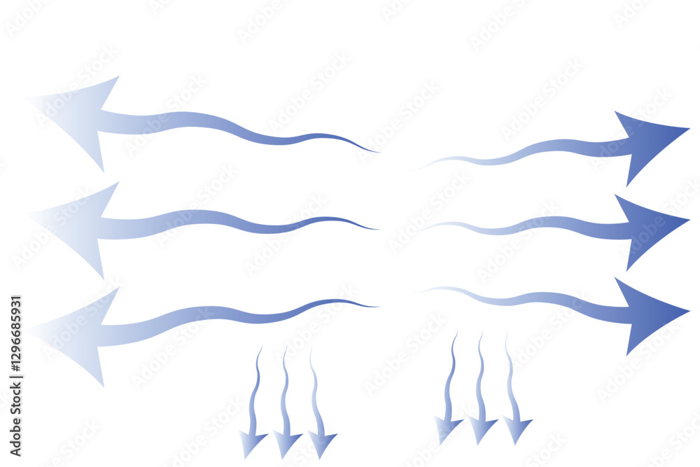 Air flow arrow. Set of blue arrows showing direction of air movement ...