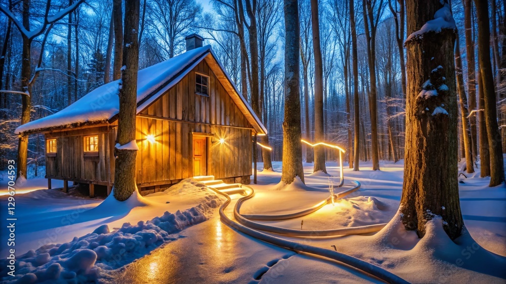 Night Sugar Shack: Maple Sap Lines Flowing to Collection Tank Stock ...