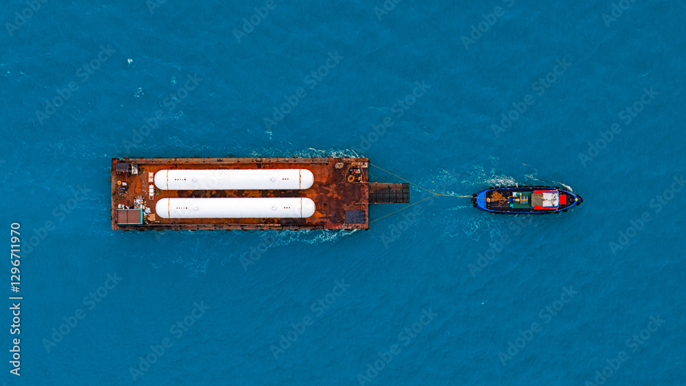 Aerial top view tugboat pulling or pushing oil tanker ship or liquefied ...