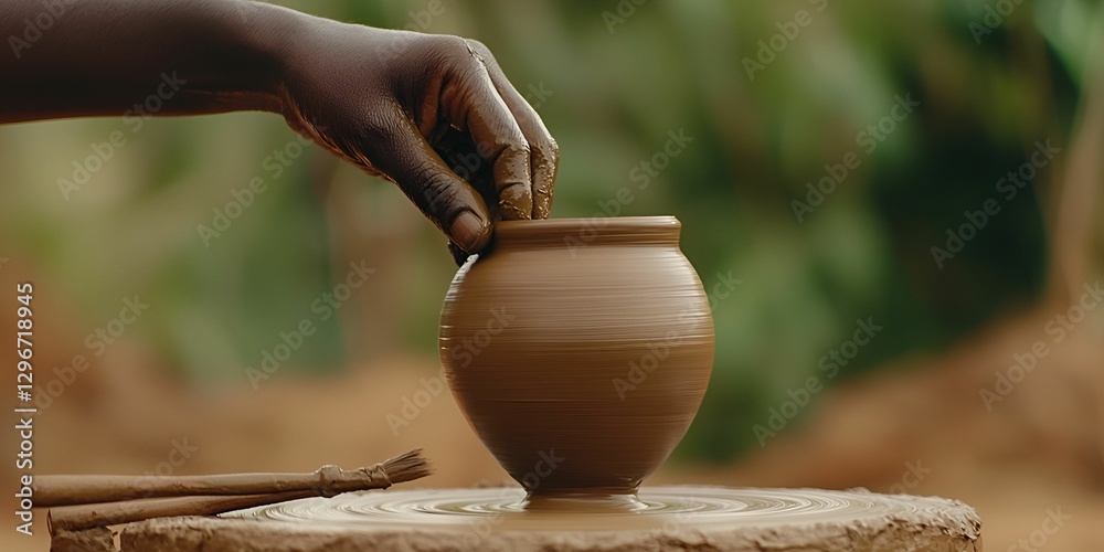 Indigenous art forms concept. Craftsman shaping a clay pot with hands ...