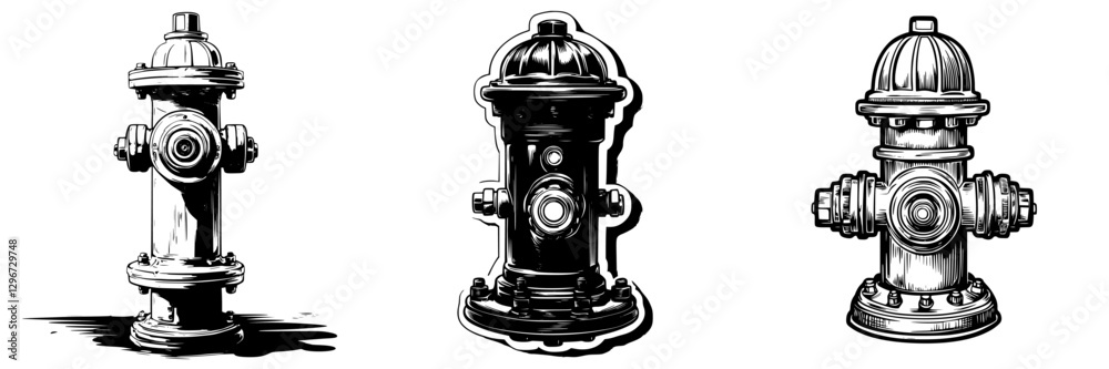 Hand-drawn vector illustration of vintage fire hydrants in a minimalist ...