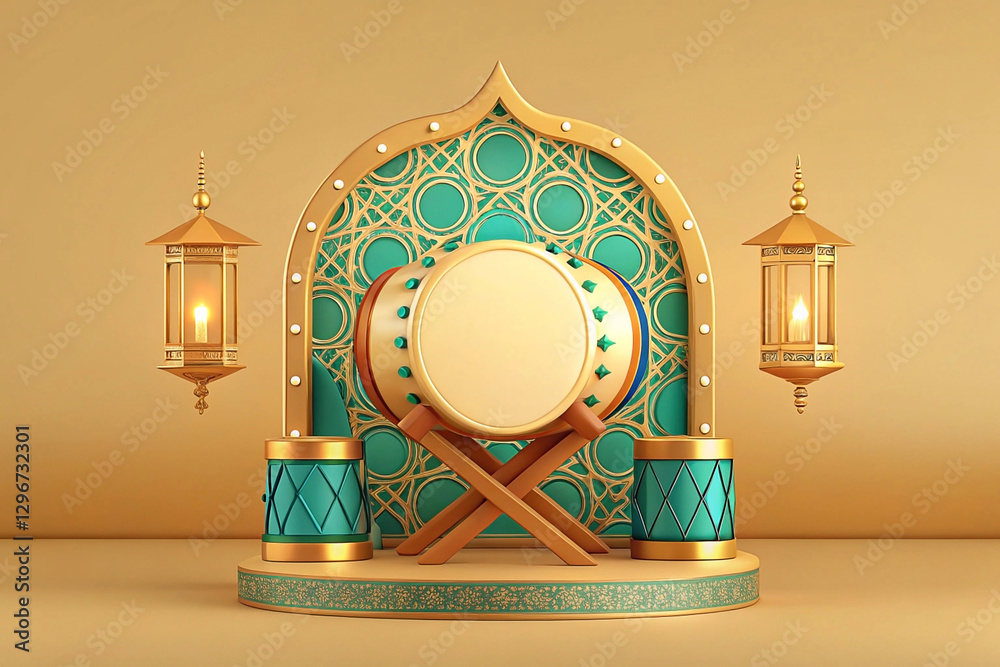 Ramadan drum with lanterns and ornate Islamic arch on gold background ...