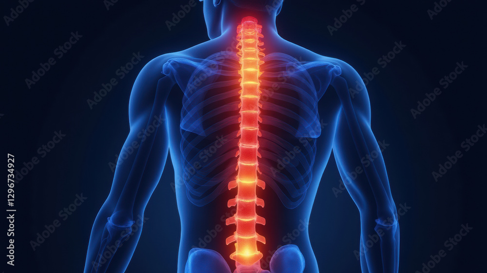 Anatomical illustration of human spine with highlighted vertebrae ...