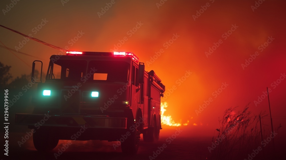 A fire truck positioned at the edge of a wildfire, its headlights ...