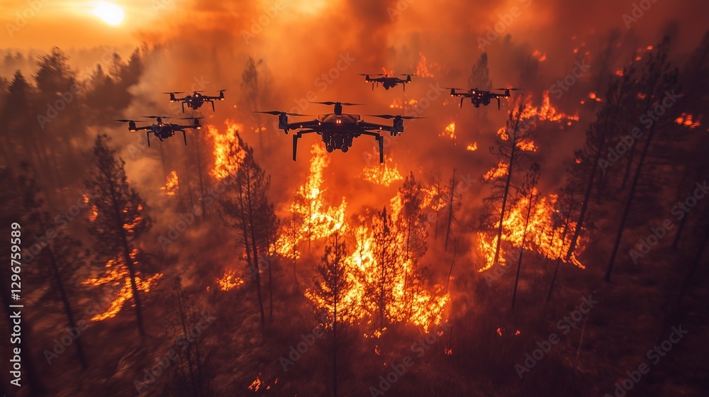 A swarm of AI-powered drones flying over a wildfire, working together to map fire spread in real ...