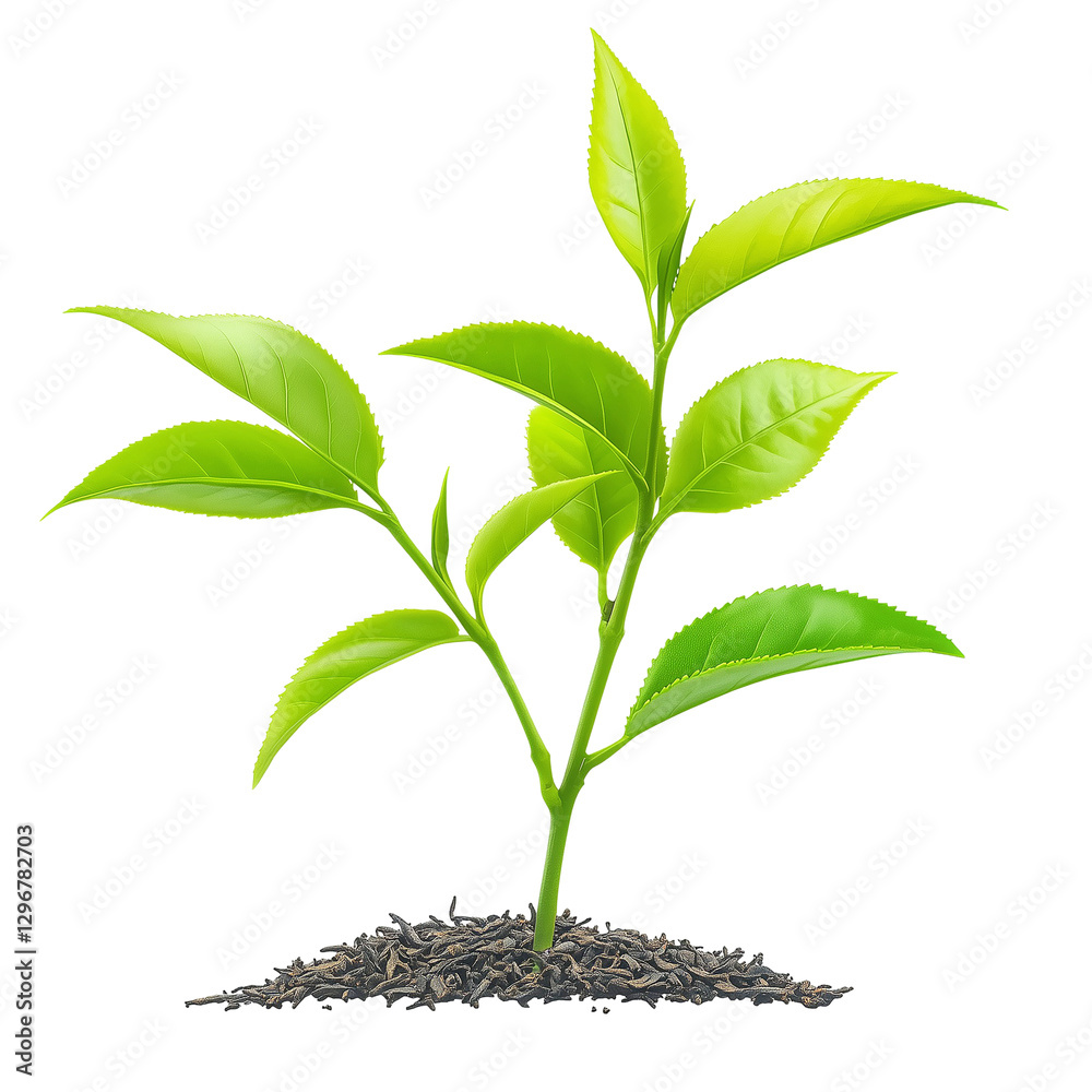 Fresh green tea plant sprout with vibrant leaves and soil, organic tea ...