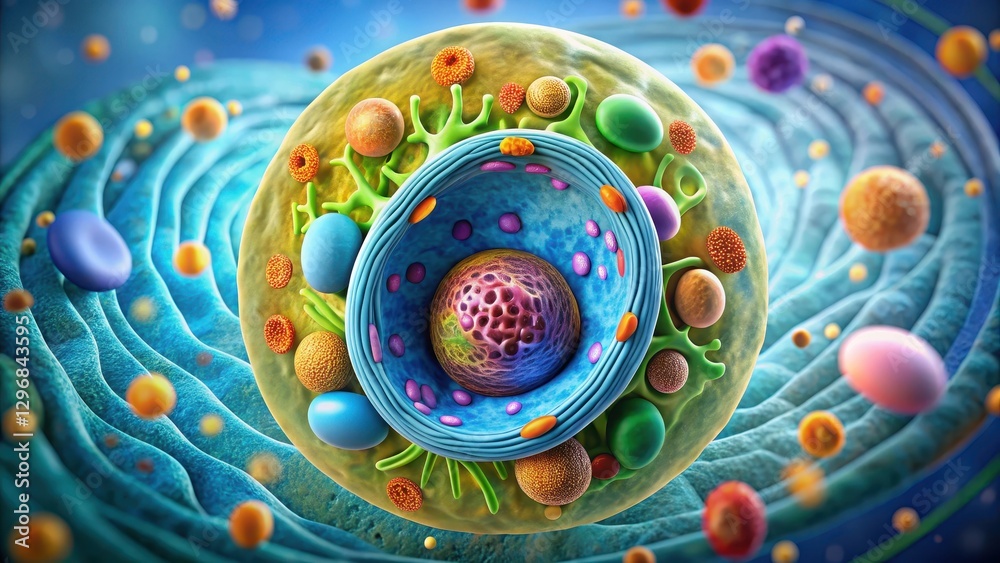 Cell with Eukaryotic nucleus and membrane bound organelles, staining ...