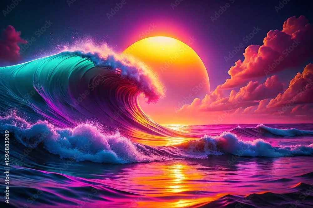 Synthwave Ocean: 80s Retro Neon Wave Crashing Night Sea, Purple ...