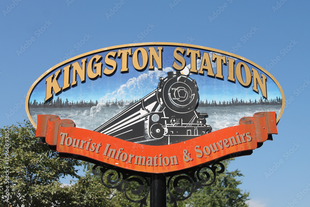 Vintage-style sign for Kingston Station featuring a steam locomotive ...