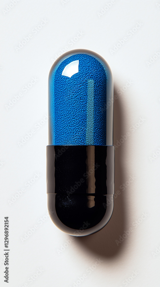 Une gélule noire et bleu, partie bleue transparente, remplie de ...