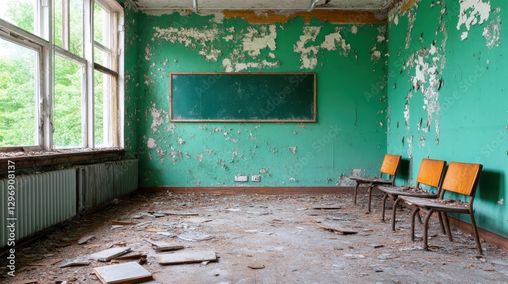 This image reveals a forgotten classroom, overtaken by nature, with ...