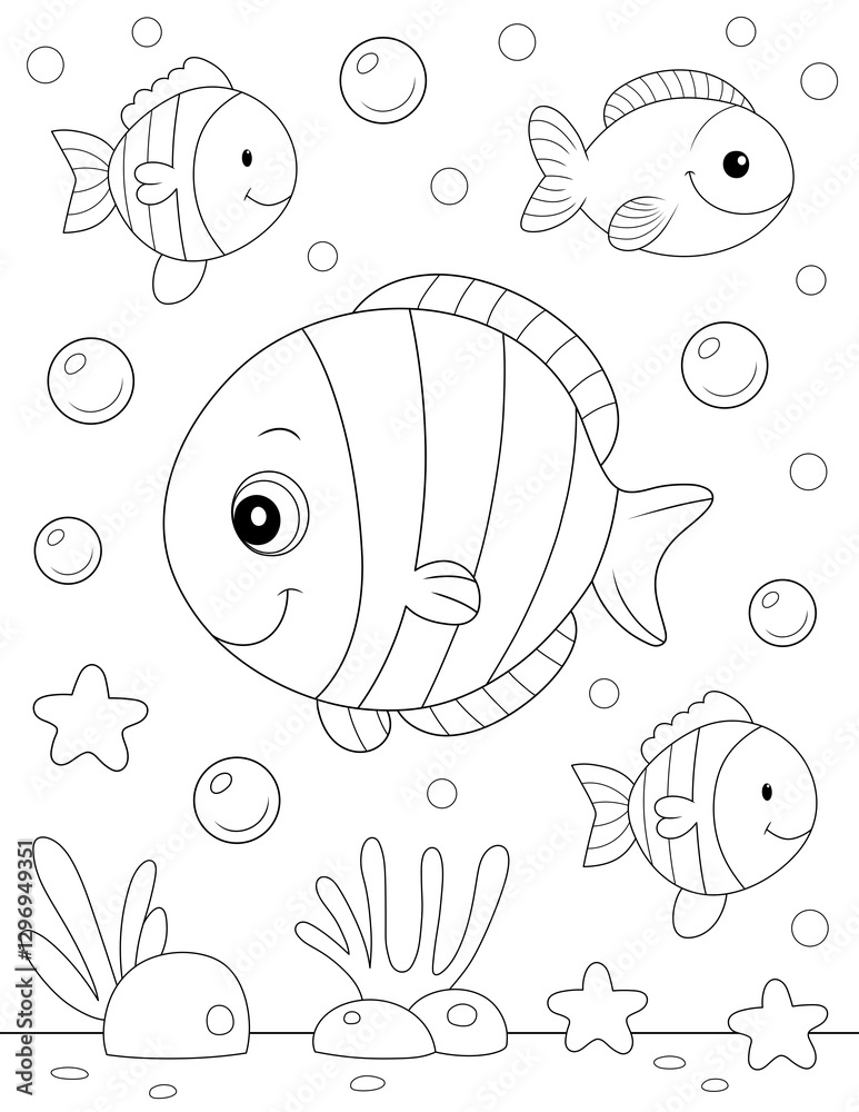 cartoon fish in water coloring page. ready to print on standard 8.5x11 ...