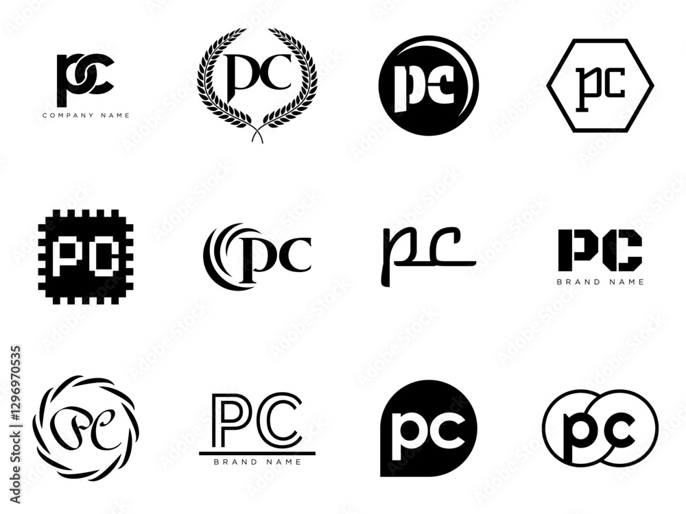 PC logo company template. Letter p and c logotype. Set different ...