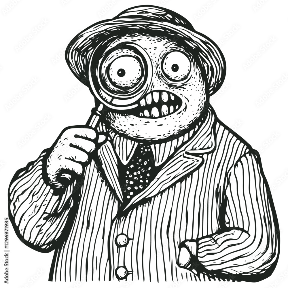 Vector illustration of a cartoon detective with a magnifying glass. A ...
