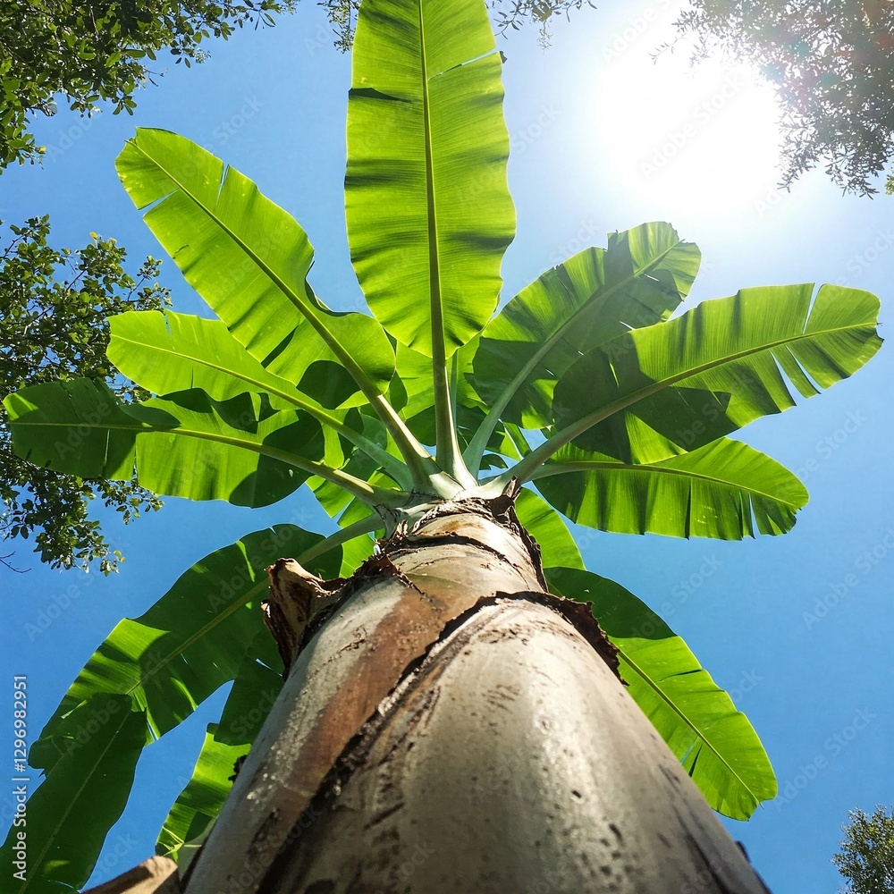 worm’s-eye view of a towering banana tree with thick, fibrous trunk and ...