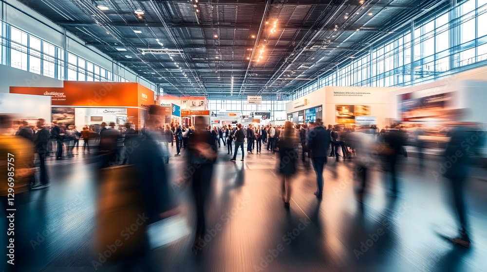 A dynamic scene at a busy trade fair with blurred figures of people ...