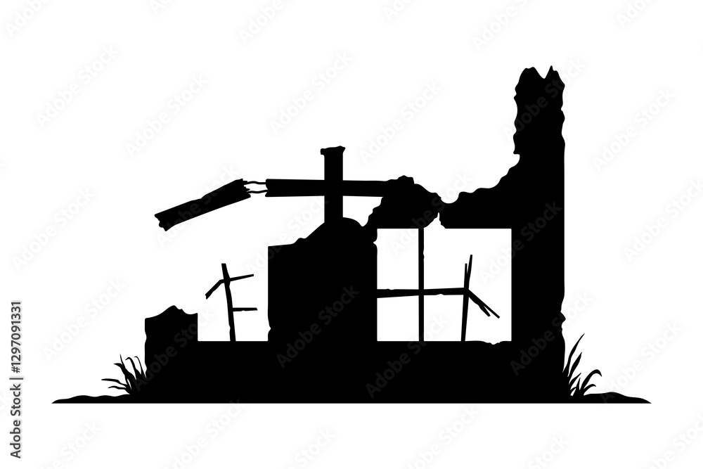 Broken ruined building icon. Black silhouette. Front side view. Vector ...