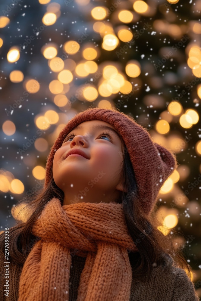 Cute Japanese 9 year old daughter, brown hair, looking up at a huge 10M ...