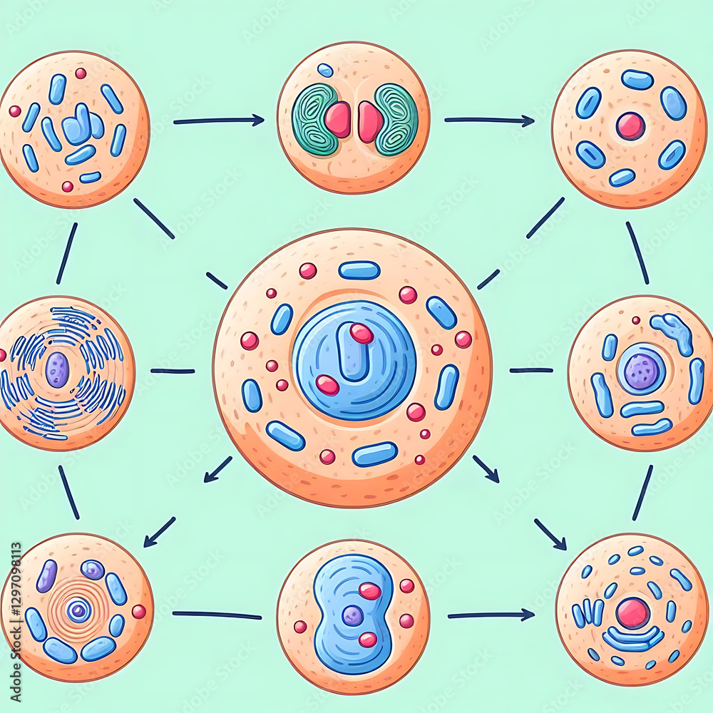 Diagram of Mitosis vector. Prophase, Metaphase, Anaphase, and Telophase. Cell division for ...