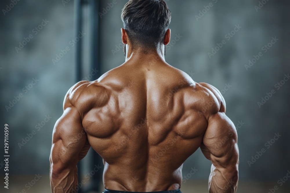 Strong muscular bodybuilder showing his back muscles posing in the gym ...