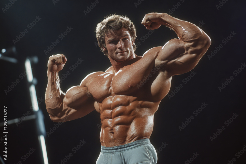 Professional bodybuilder showing his perfect physique by flexing his ...