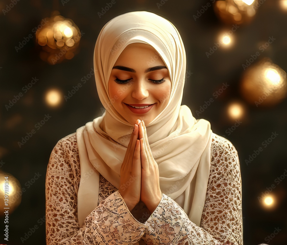muslim woman praying before iftar with dates and lantern during ramadan ...