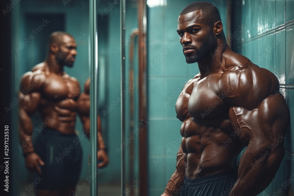 Muscular bodybuilder showing his perfect abs in a locker room Stock ...
