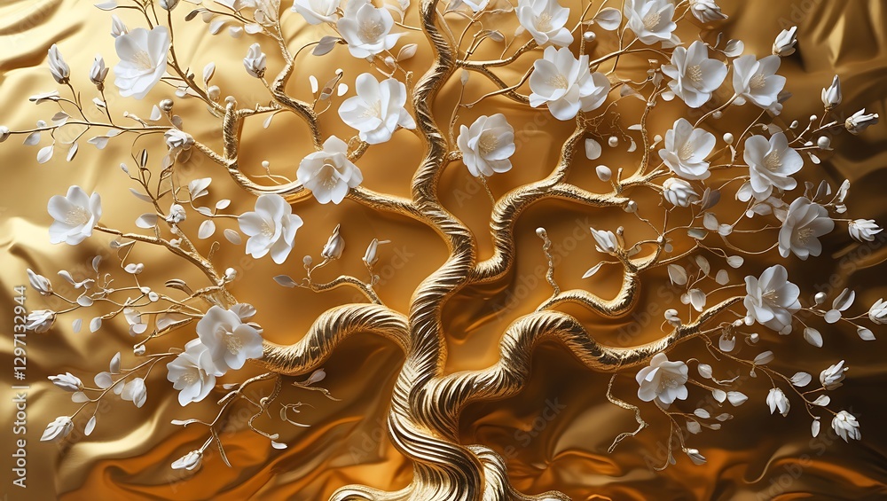 Golden tree with white flowers on a gold background, featuring a 3D ...