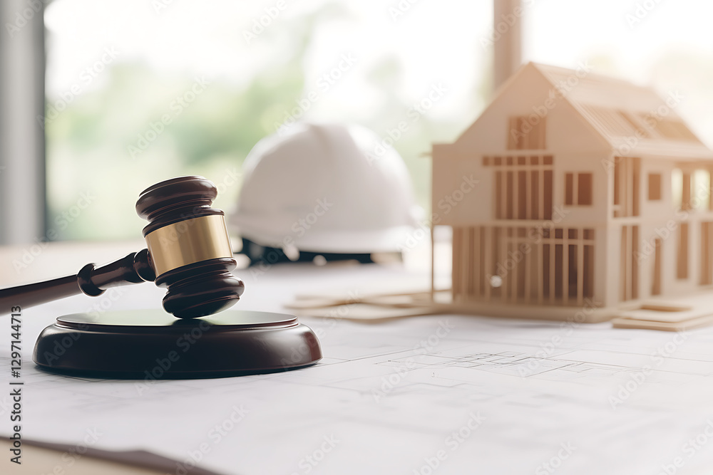 Construction Law and Building Regulations: Gavel, helmet and plans represent legal aspects of ...