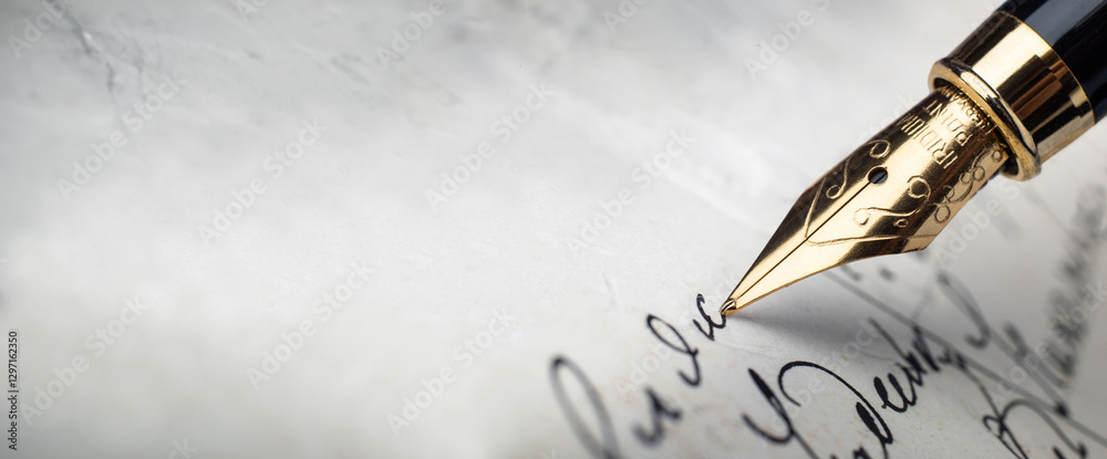 Fountain pen on an antique handwritten letter. Vintage nib pen and ...