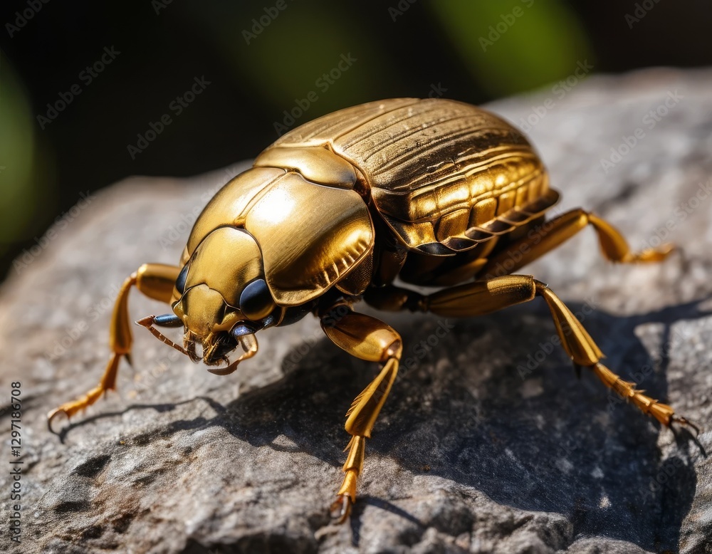 Golden scarab beetle crawling on a rock, captured in extreme close-up ...