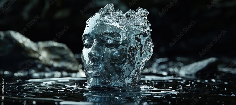 Melting Ice Sculpture of Human Face in Dark Environment Depicting ...