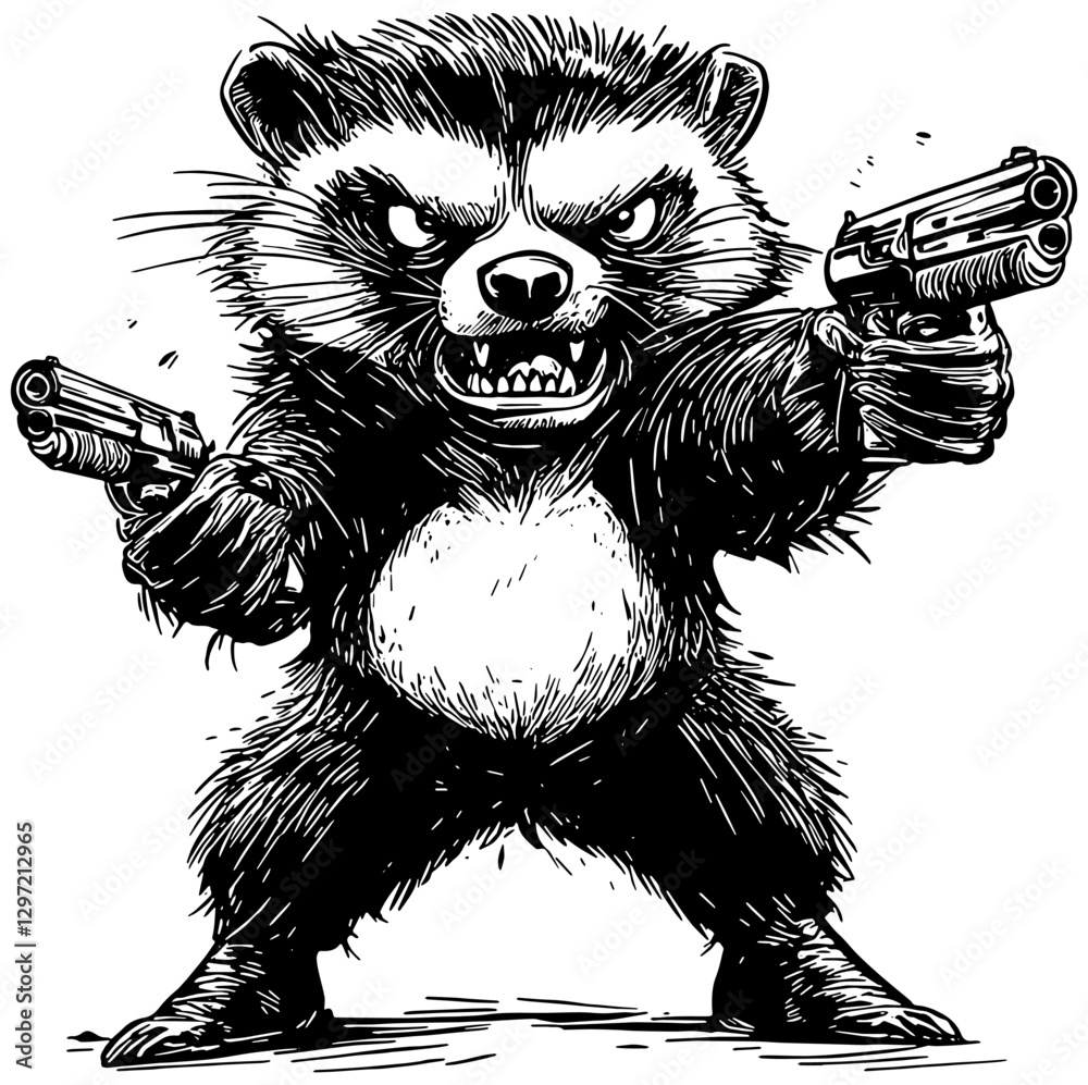 Angry badger pointing guns, illustration in black, isolated Stock ...