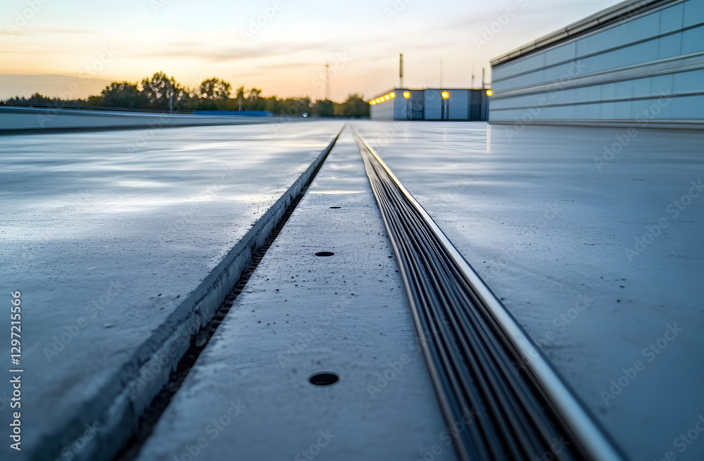 Concrete rooftop parking area shows expansion joint. Rubber strip with ...
