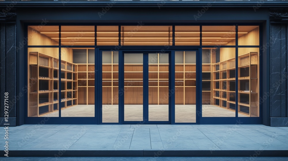 Storefront with open doors and shelves--realistic space mockup. Stock ...