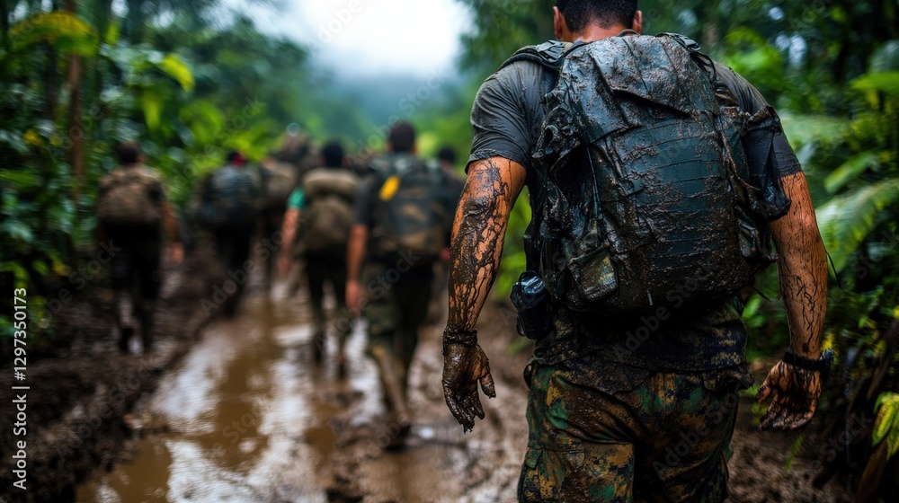 A gritty depiction of soldiers traversing challenging terrain in a ...