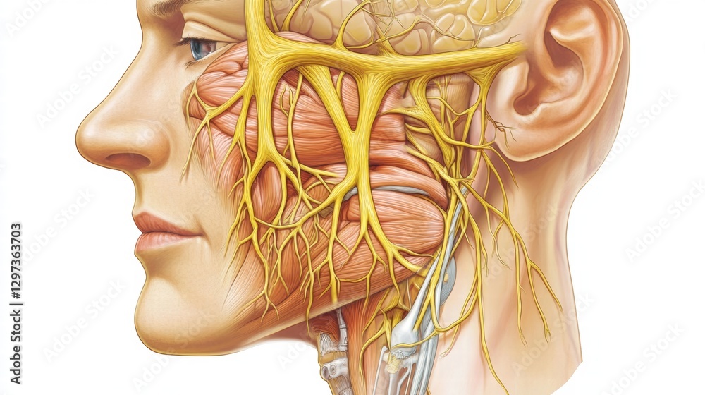 Detailed illustration showing human facial anatomy including nerves and ...