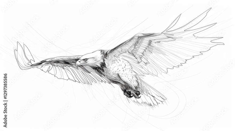 Minimalist continuous line ink drawing of a powerful eagle swooping ...
