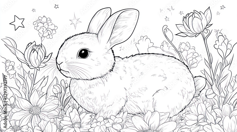 Cute rabbit coloring page, flowers, stars, whimsical background, for ...