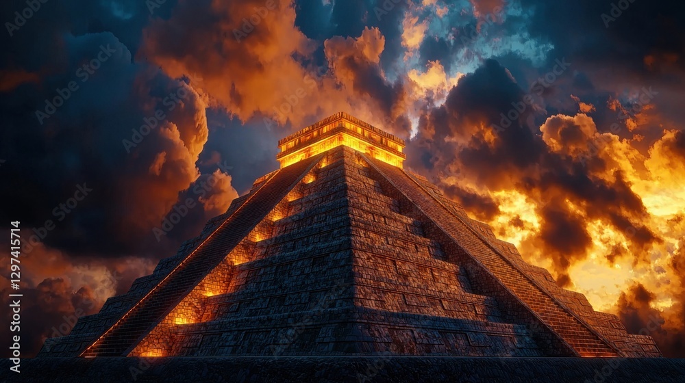 Ancient Aztec Pyramid Engulfed in Dramatic Fiery Clouds and Billowing ...