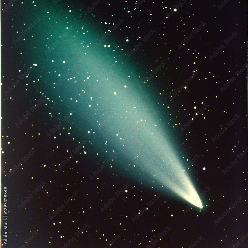 Green comet with tail in night sky on black background with white dots ...