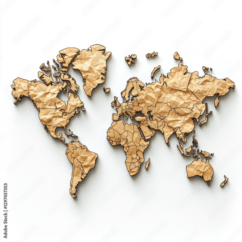 crumpled paper world map with detailed continents and countries Stock ...